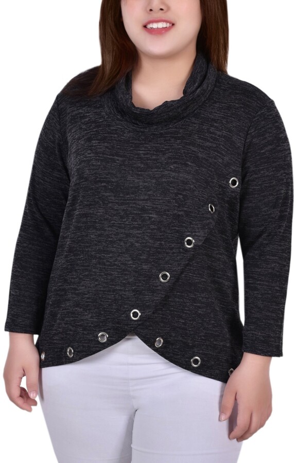 NY Collection Plus Size Long Sleeve Crossover Top with Grommets - ShopStyle