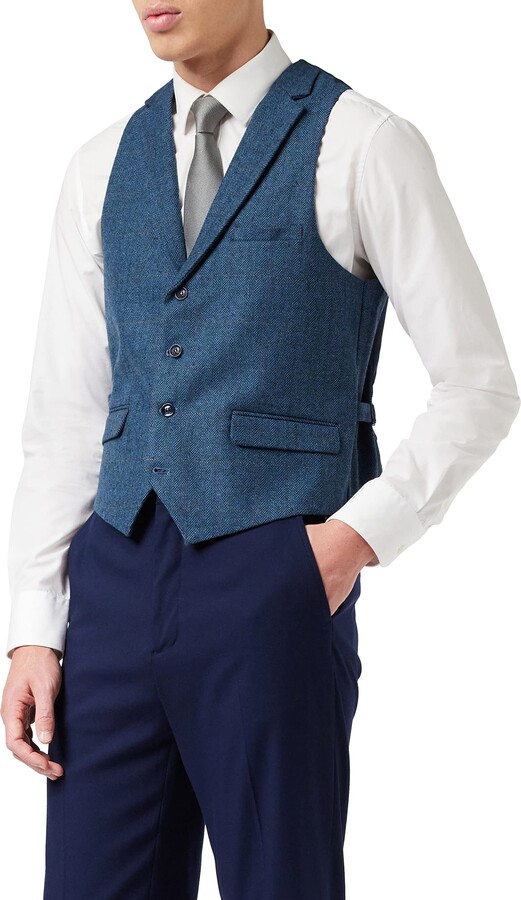 Xposed Kano Mens Herringbone Check Tweed Waistcoat Tailored Fit Collar ...