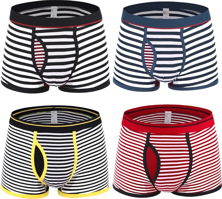 Nuofengkudu 4 Pack Boxers Shorts Mens Briefs Trunks Striped Open Fly ...