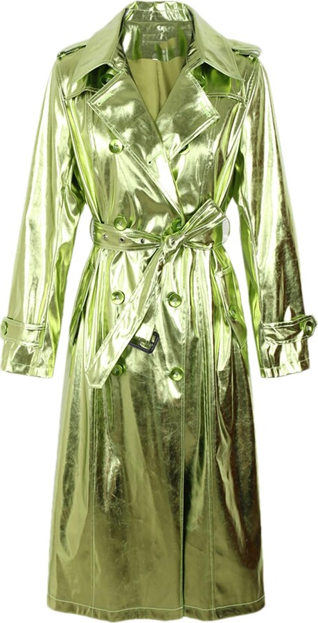 Hdhdeueh Women Long Shiny Reflective Patent Leather Trench Coat For ...