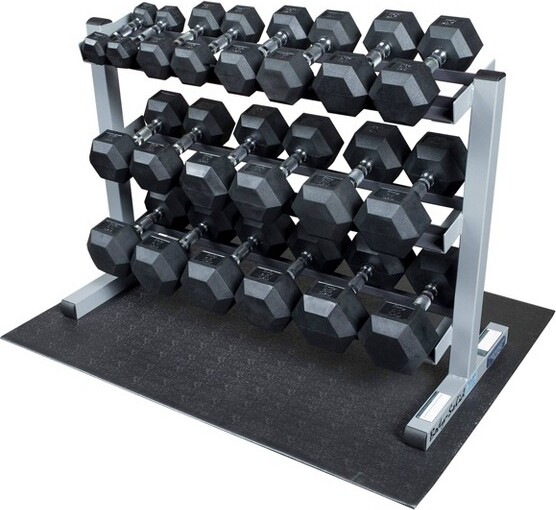 Body-Solid Rubber Dumbbell Set with 3 Shelf Rack and Vinyl Mat - 5 ...