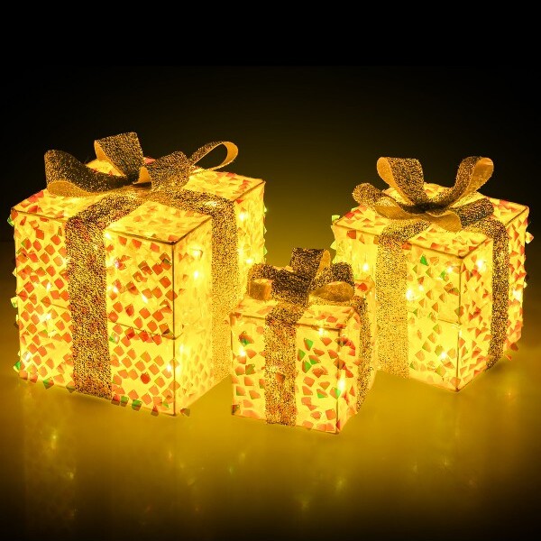 Tangkula Set of 3 Christmas Lighted Gift Boxes Pre-lit 90 LED Light Up ...