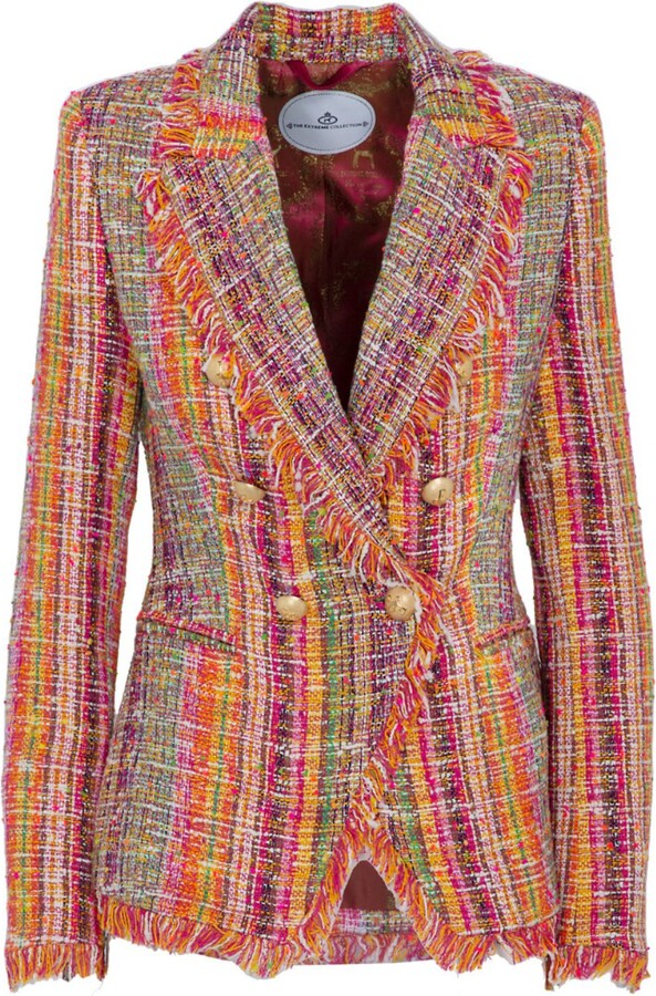 The Extreme Collection Orange Cotton Blend Tweed Double Breasted Blazer Frayed Edge Antonella ...