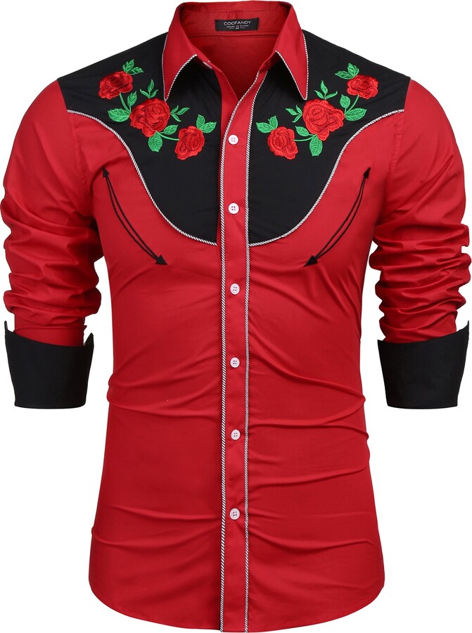 COOFANDY Men's Cowboy Shirtss Embroidered Rose Design Shirts Western ...