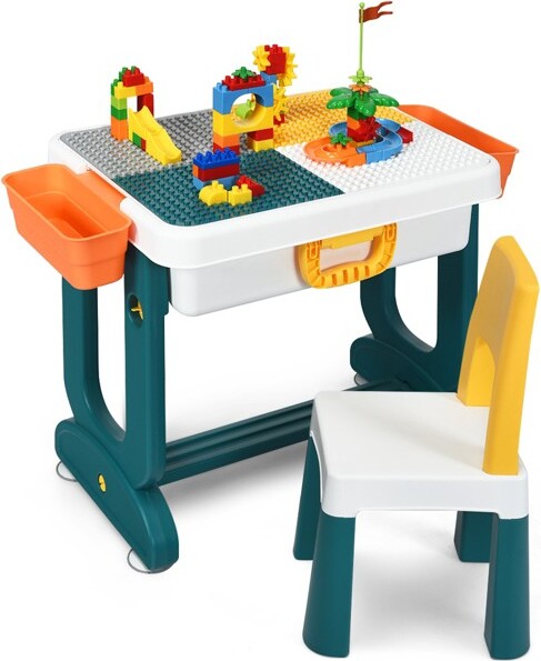 Tangkula Kids 5-In-1 Building Block Table w/Chair & Double-sided Table ...