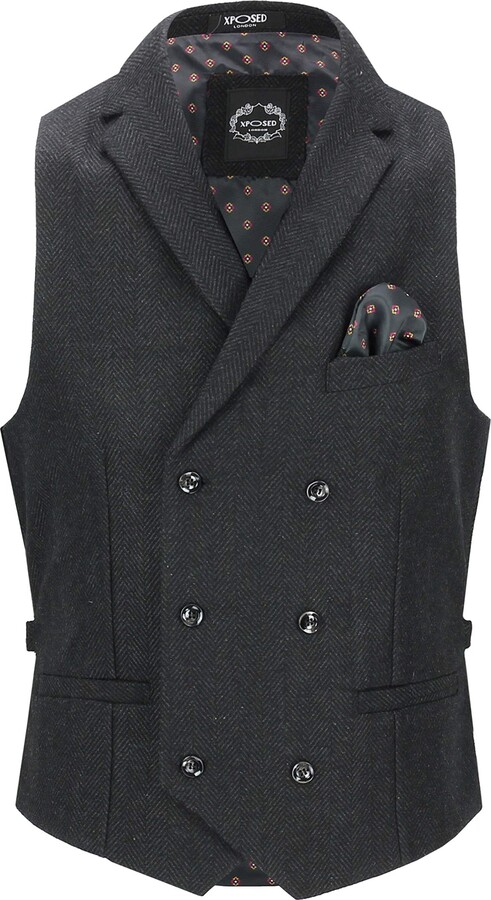Xposed Tyler Men’s Tweed Waistcoat Collars Double Breasted Herringbone ...
