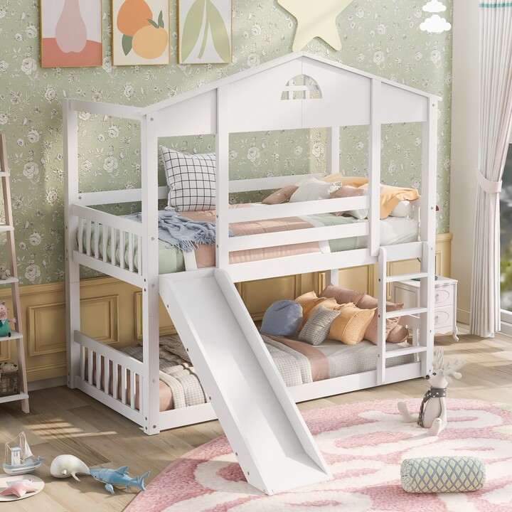 NINEDIN Twin over Twin House Bunk Bed with Convertible Slide and Ladder, Converts into 2 ...