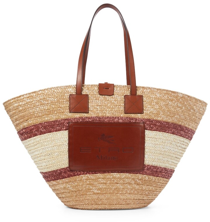 Etro Logo leather-trimmed raffia tote - ShopStyle