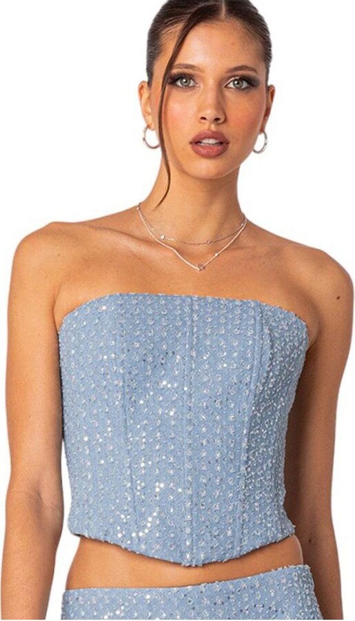 Edikted Women's Icing embellished denim corset top - ShopStyle
