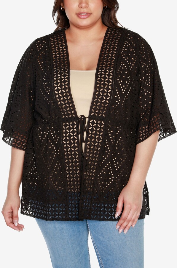 Belldini Black Label Plus Size Eyelet Lace Kimono Top - ShopStyle
