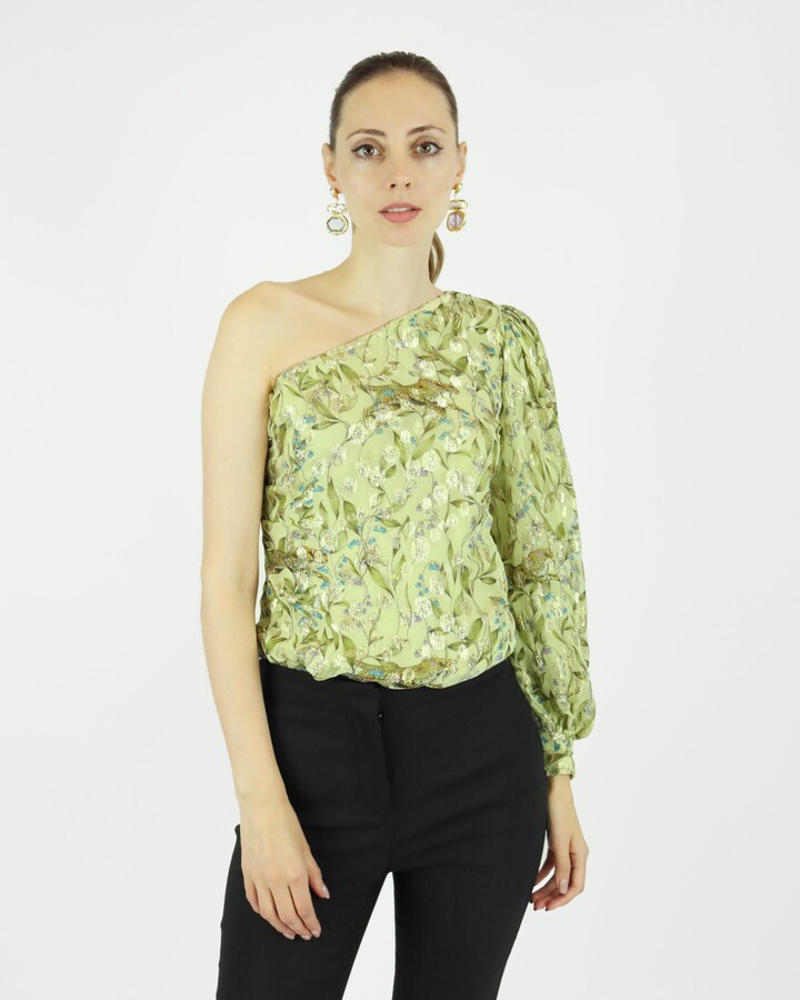 Arara Valentina One-Shoulder Ethereal Green Lurex Blouse - ShopStyle Tops