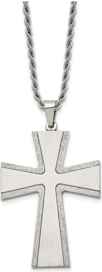 Chisel Brushed with Laser-cut Edges Cross Pendant Rope Chain Necklace ...