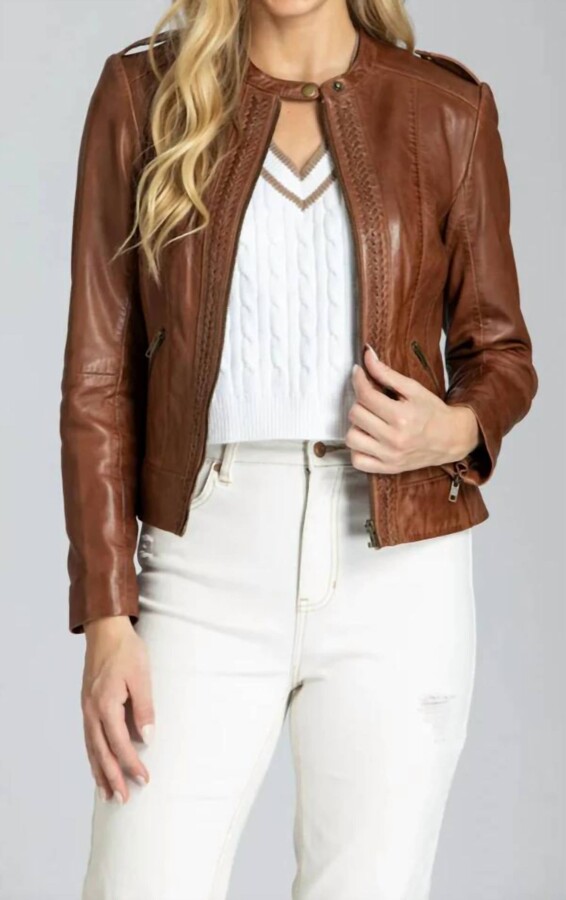 11 Uptown Leather Jacket With Braid In Cognac - ShopStyle