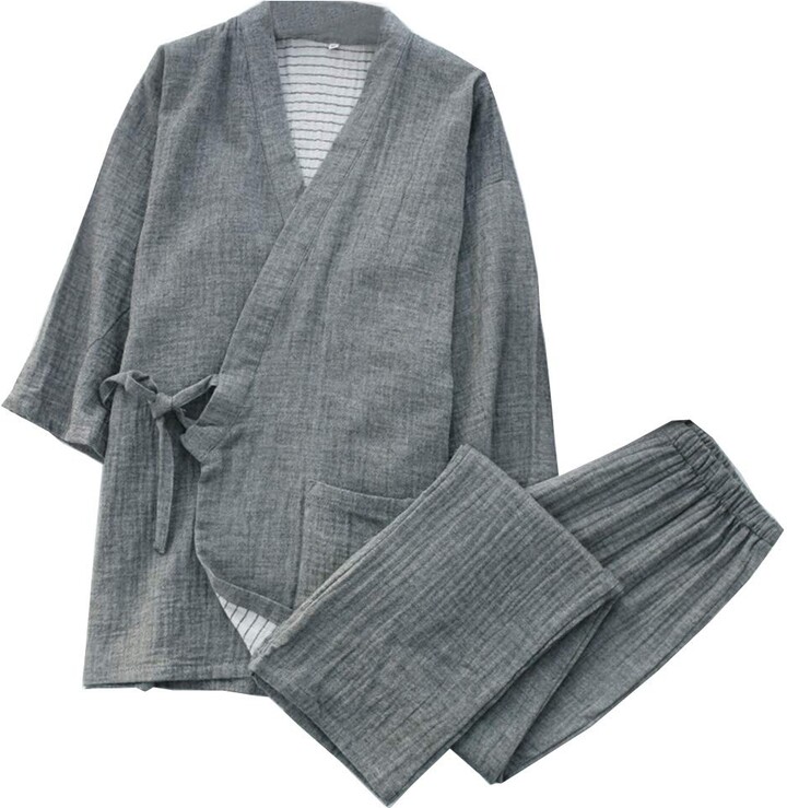 thefancypumpkin Men's Japanese Style Robes Cotton Kimono Pajamas Suit Dressing Gown Set-[ Khaki ...