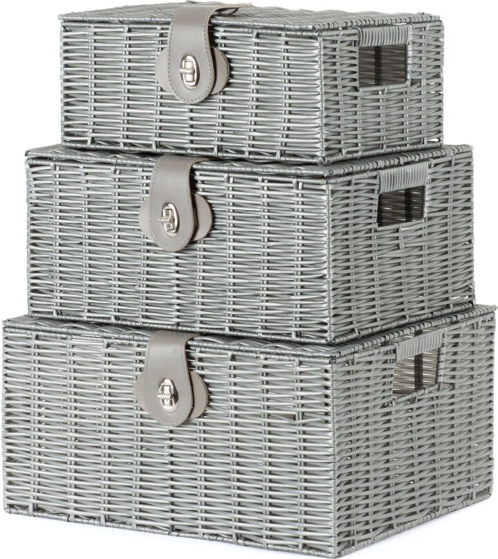 LIVIVO Set of 3 Resin Woven Storage Baskets - Hamper Boxes with Lid ...