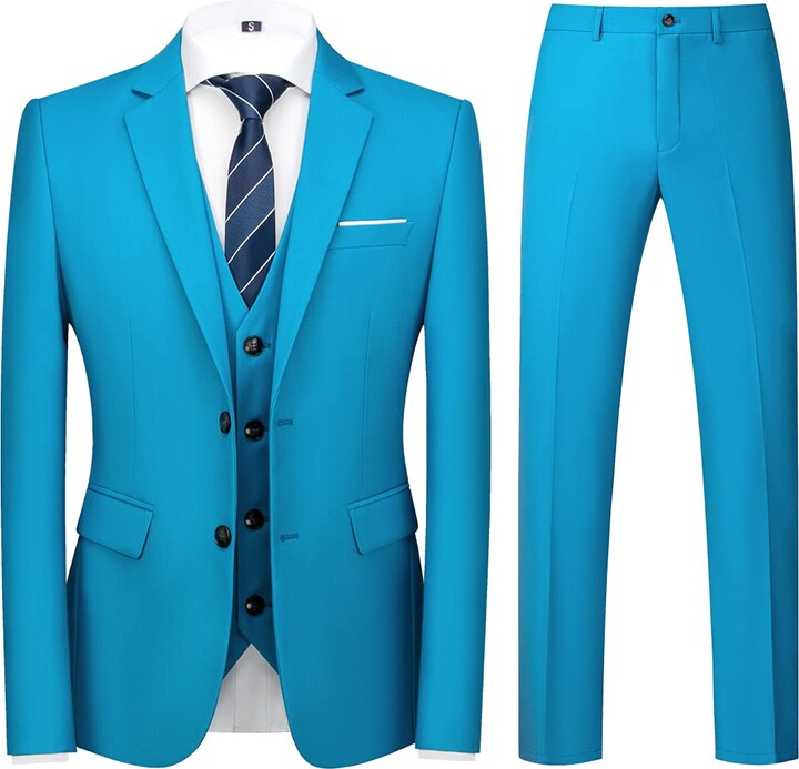 KUDORO Men Suits 3 Piece Slim Fit Single Breasted Two Button Light Blue ...