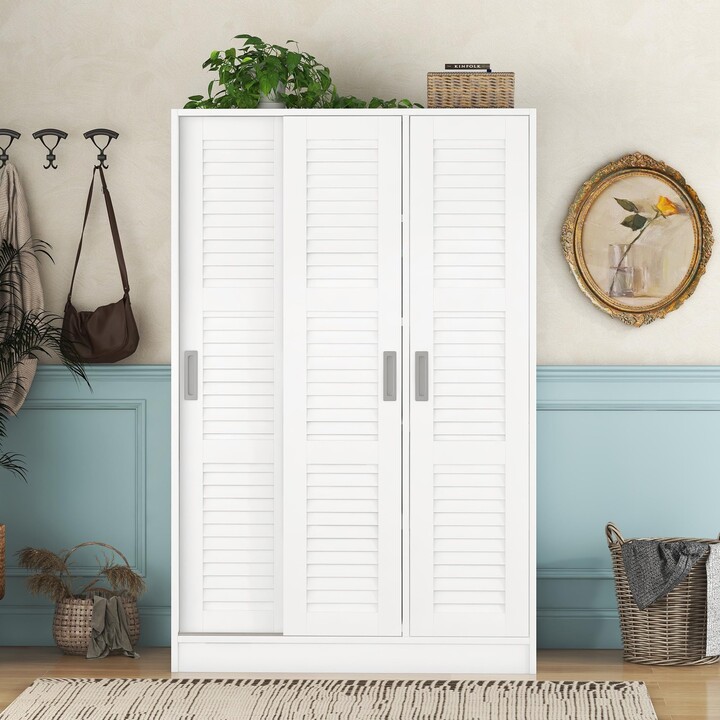 BOICHE Modern 3-Door Shutter Wardrobe with Shelves and Silver Handles ...