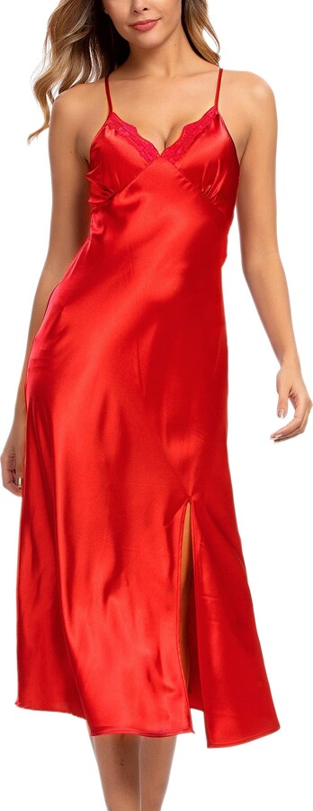 Alcea Rosea Women's Long Satin Negligee Nightgowns Lace Lingerie ...