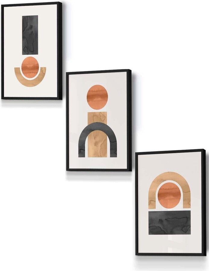 ARTZE Set of 3 Black Framed Mid Century Graphical Shapes in Black and ...