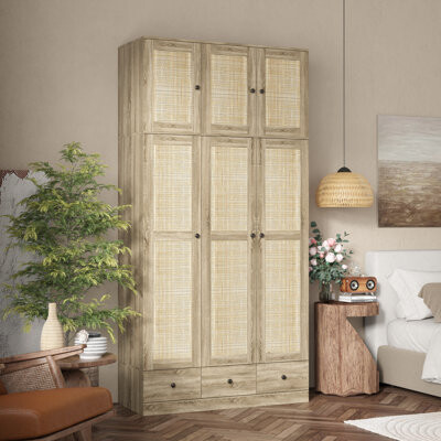 Bayou Breeze Rustic Wardrobe With Rattan-Panel Doors And Top Storage ...