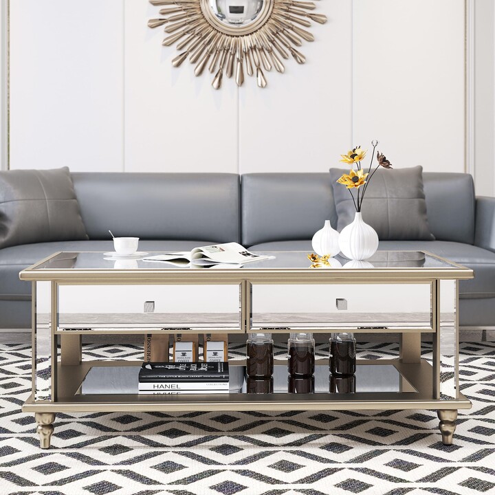 DWVO 48 Inch 2 Tier Gold Mirrored Coffee Table with 2 Drawers Storage ...