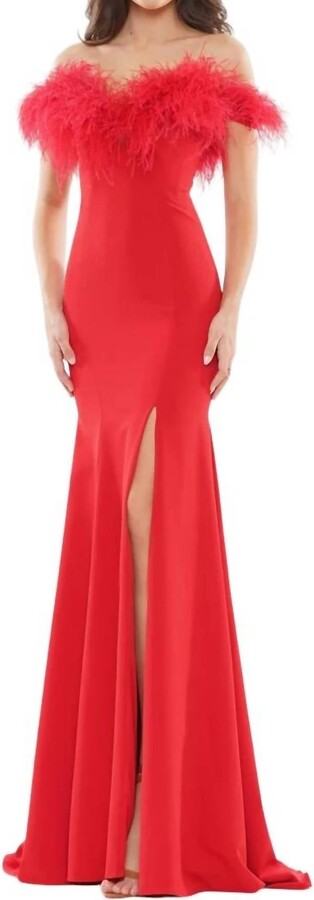Colors Dress Feather Trimmed High Slit Gown In Red - ShopStyle