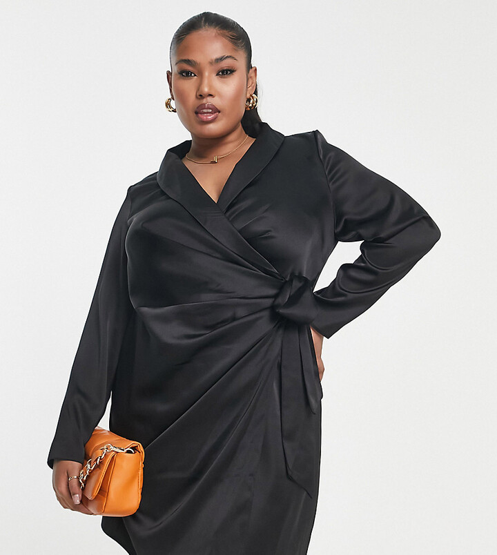 New Look Plus New Look Curve satin wrap dress in black - ShopStyle