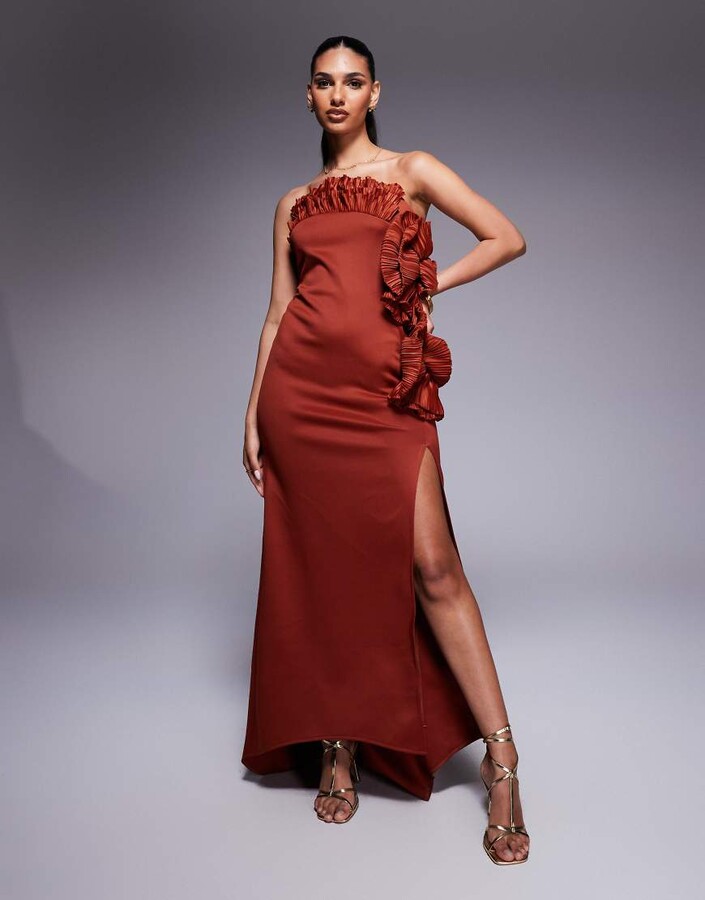 ASOS DESIGN scuba bandeau maxi dress with plisse ruffle fan detail in ...