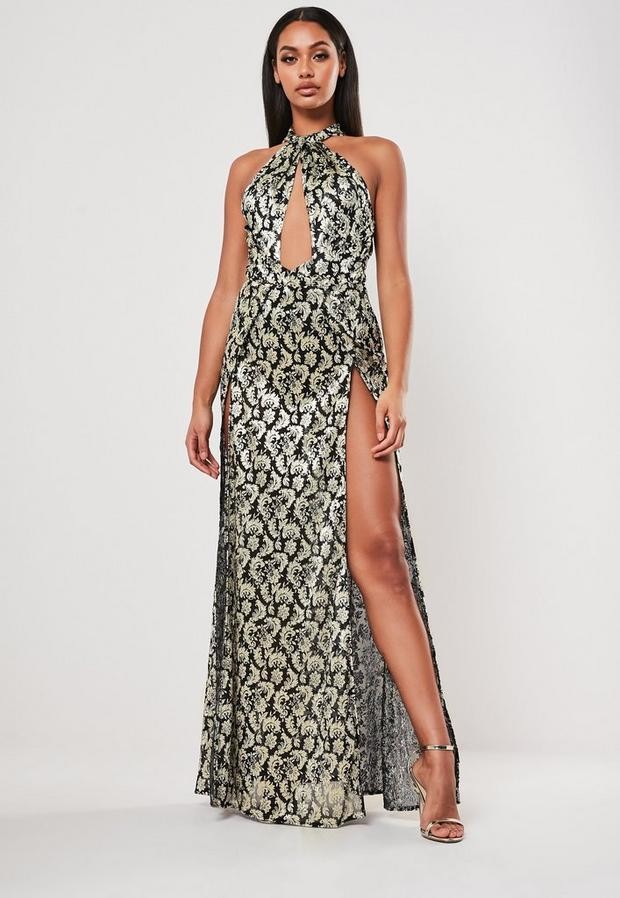 Missguided Black Baroque Chiffon Split Leg Maxi Dress - ShopStyle