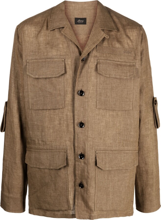 Brioni Embroidered-Logo Linen Shirt Jacket - ShopStyle