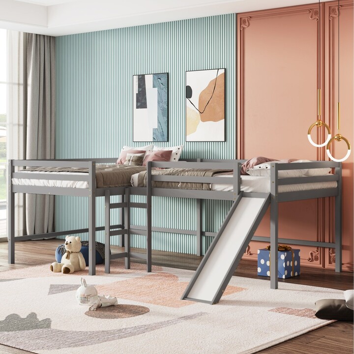 Gerojo Full Size L-Shaped Wooden Loft Bed with Built-in Ladders and ...