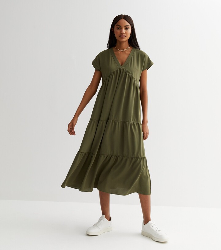 Gini London Olive Cap Sleeve Midi Smock Dress - ShopStyle