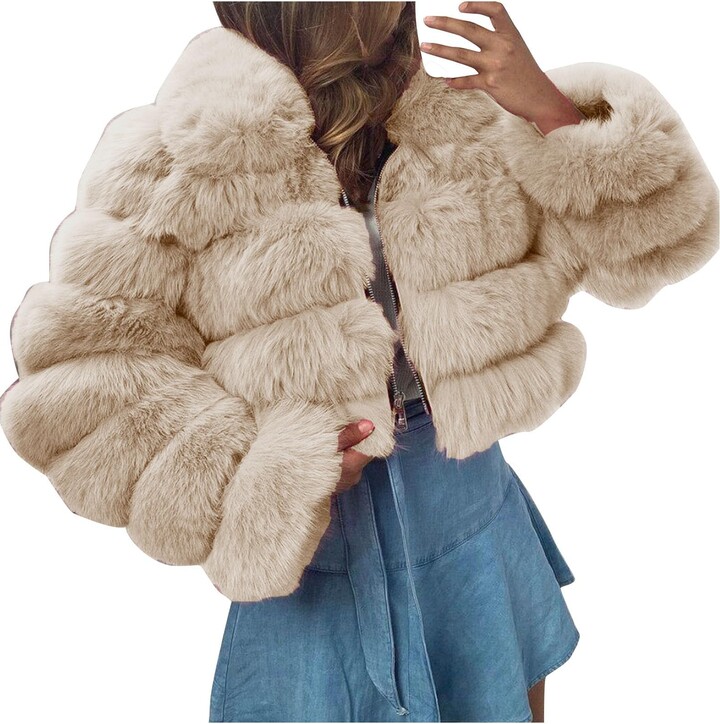 AMhomely Womens Winter Coats Faux Fur Jacket Ladies Fuzzy Open Front ...