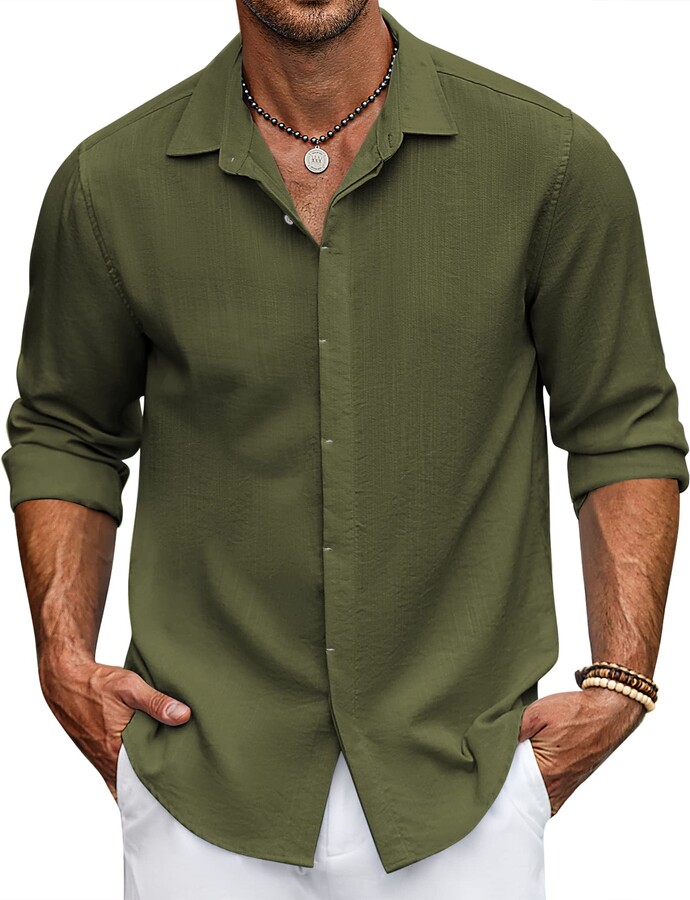 COOFANDY Men's Linen Shirt Long Sleeve Beach Button Up Shirt Casual ...
