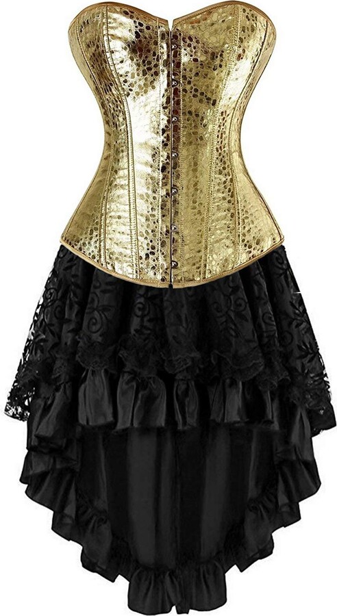 jutrisujo Leather Corset Dress Bustier Top Skirt Set Gothic Burlesque ...