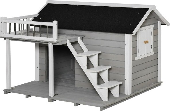 Pawhut Wooden Outdoor Dog House, 2-Tier Raised Pet Shelter, with Stairs ...