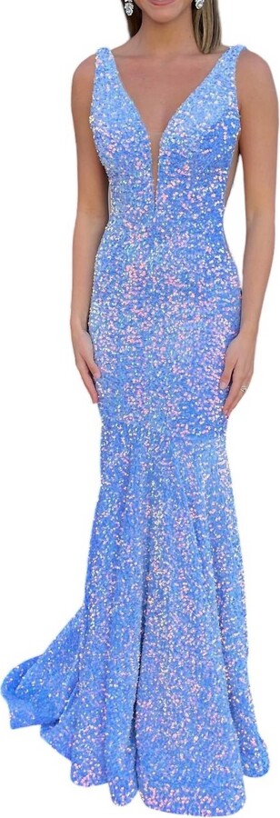 Vienna Prom Velvet Sequins Backless Prom Dress In Aqua - ShopStyle