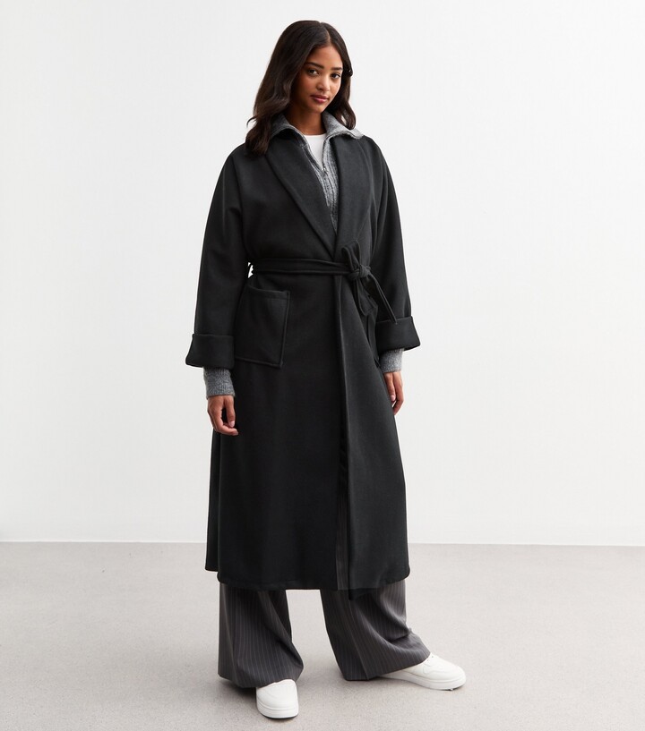 Women's Black Oversized Belted Longline Coat Gini London - ShopStyle