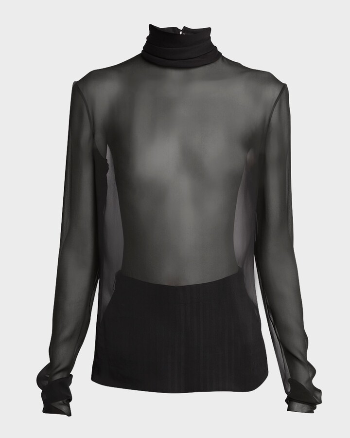 Saint Laurent Long-Sleeve Back-Drape Sheer Chiffon Blouse - ShopStyle Tops