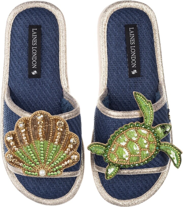 Laines London Women's Blue Straw Braided Sandals With Handmade Turtle ...