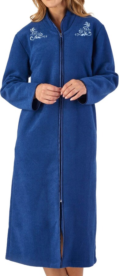 Slenderella Womens Zip Up Dressing Gown Soft Boucle Fleece Embroidered ...