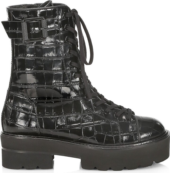 Stuart Weitzman Ryder Lug-Sole Croc-Embossed Leather Combat Boots ...