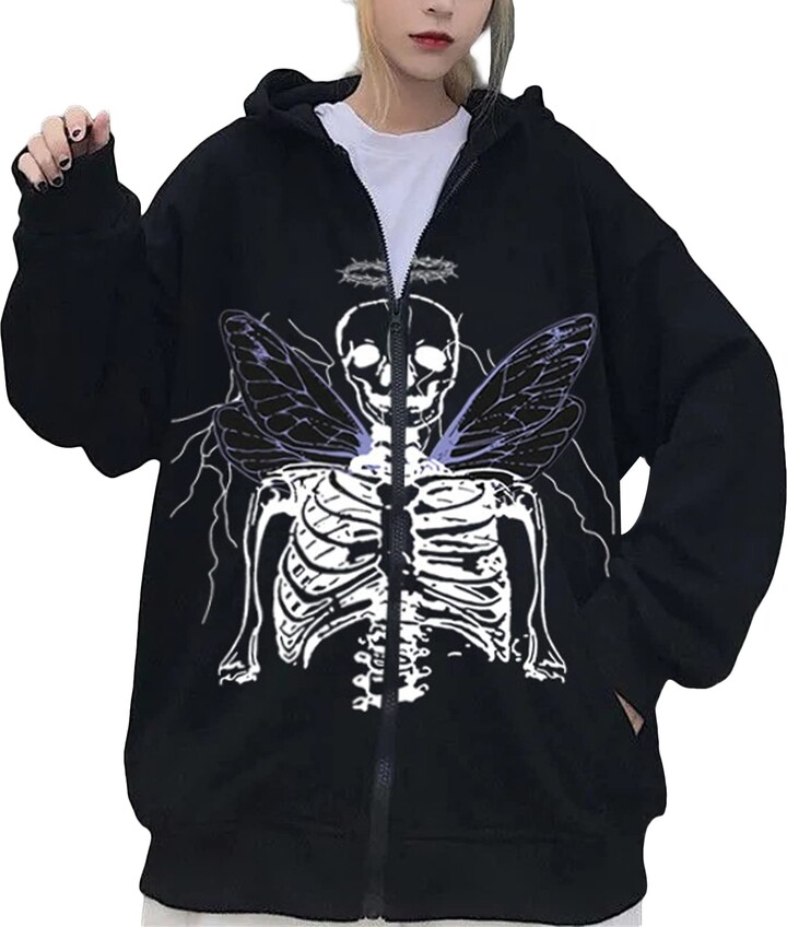 Fabumily Men Womens Skeleton Zip Up Hoodie Y2k Rhinestone Oversized Hooded Graphic Sweatshirt ...