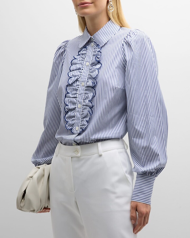 Maison Common Striped Puff-Sleeve Detachable-Ruffle Cotton Blouse ...