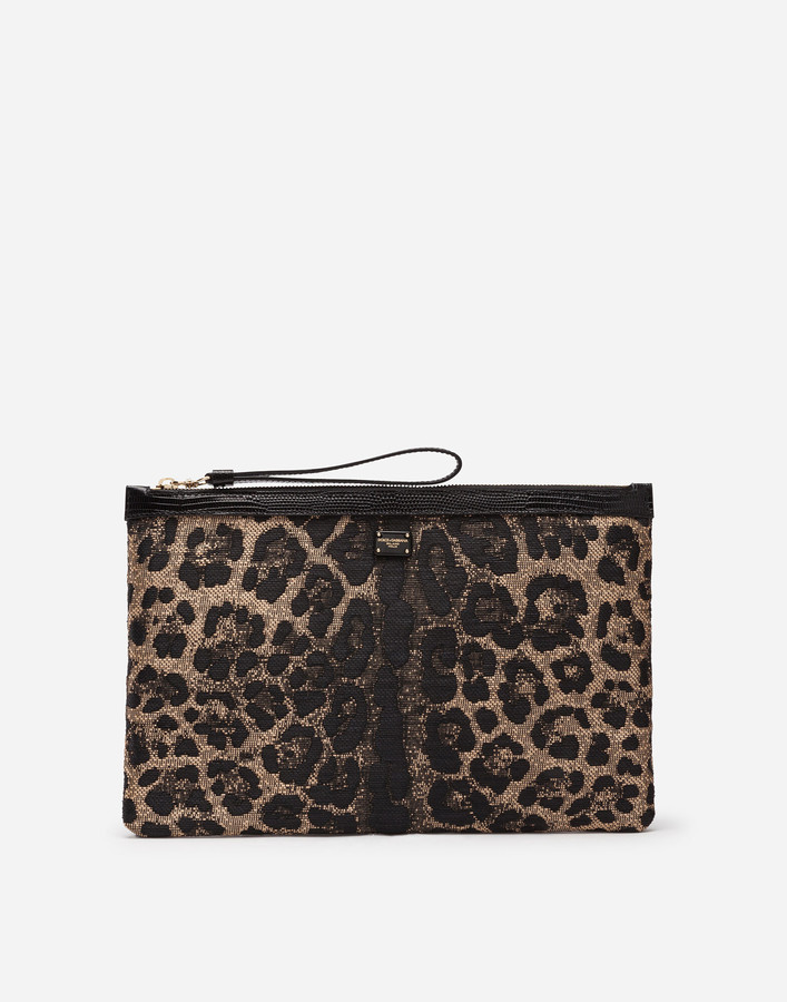 Dolce & Gabbana Flat Beauty Case In Jacquard Raffia With Leopard Print ...