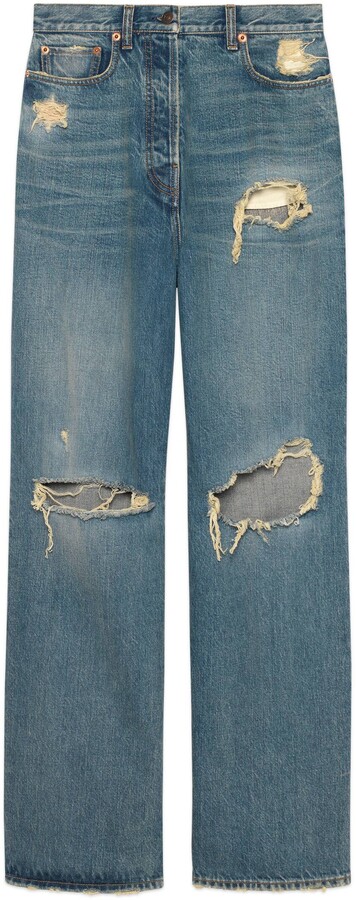 Gucci Ripped eco washed organic denim pant - ShopStyle Straight-Leg Jeans
