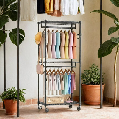 Rebrilliant Rolling Clothes Rack, Heavy Duty Garment Racks 3 Tiers ...