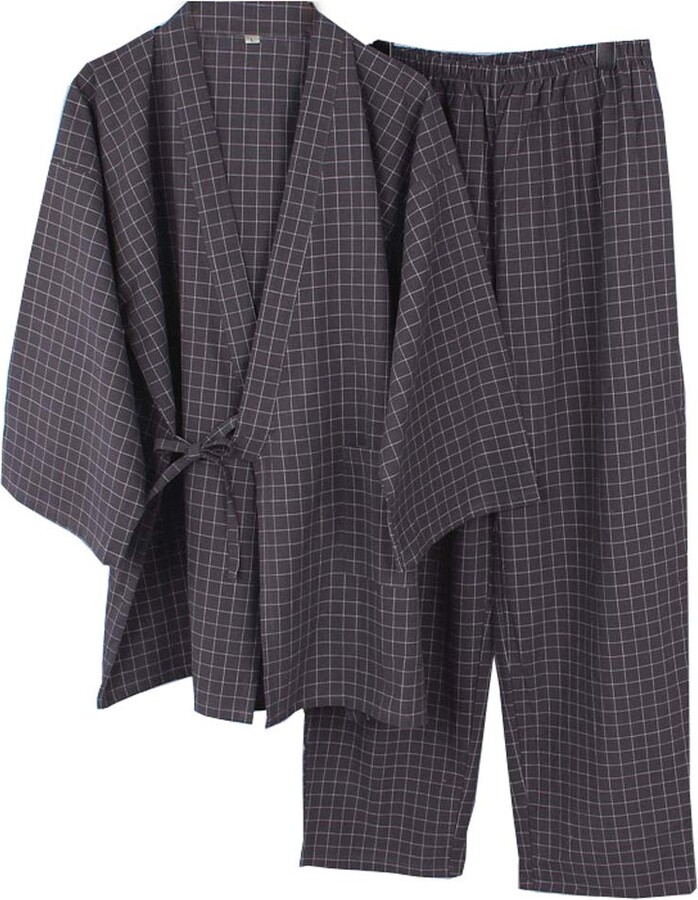 thefancypumpkin Men's Japanese Style Robes Cotton Kimono Pajamas Suit Dressing Gown Set-#E Brown ...