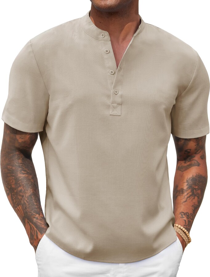 COOFANDY Men's Casual Summer Beach Henley Shirt Band Collar Lightweight Hippie Tee Shirts ...