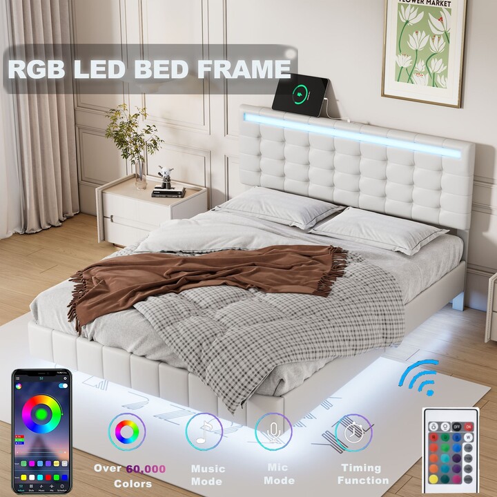 NINEDIN White PU Floating Bed Frame with LED Lights and Charging ...